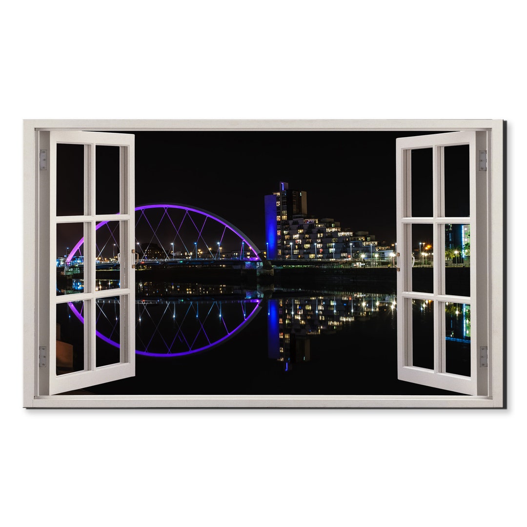 Night Over Clyde Arc Bridge Glasgow Window View, Window Frame Style ...