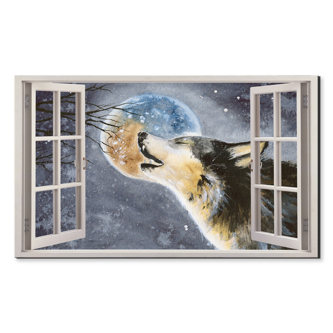 Grey Wolf in the Moonlight Window View, Window Frame Style Modern ...