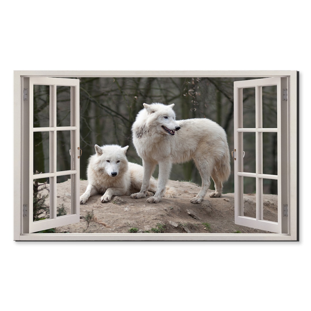 Two Arctic Wolves in Forest Window View, Window Frame Style Modern ...