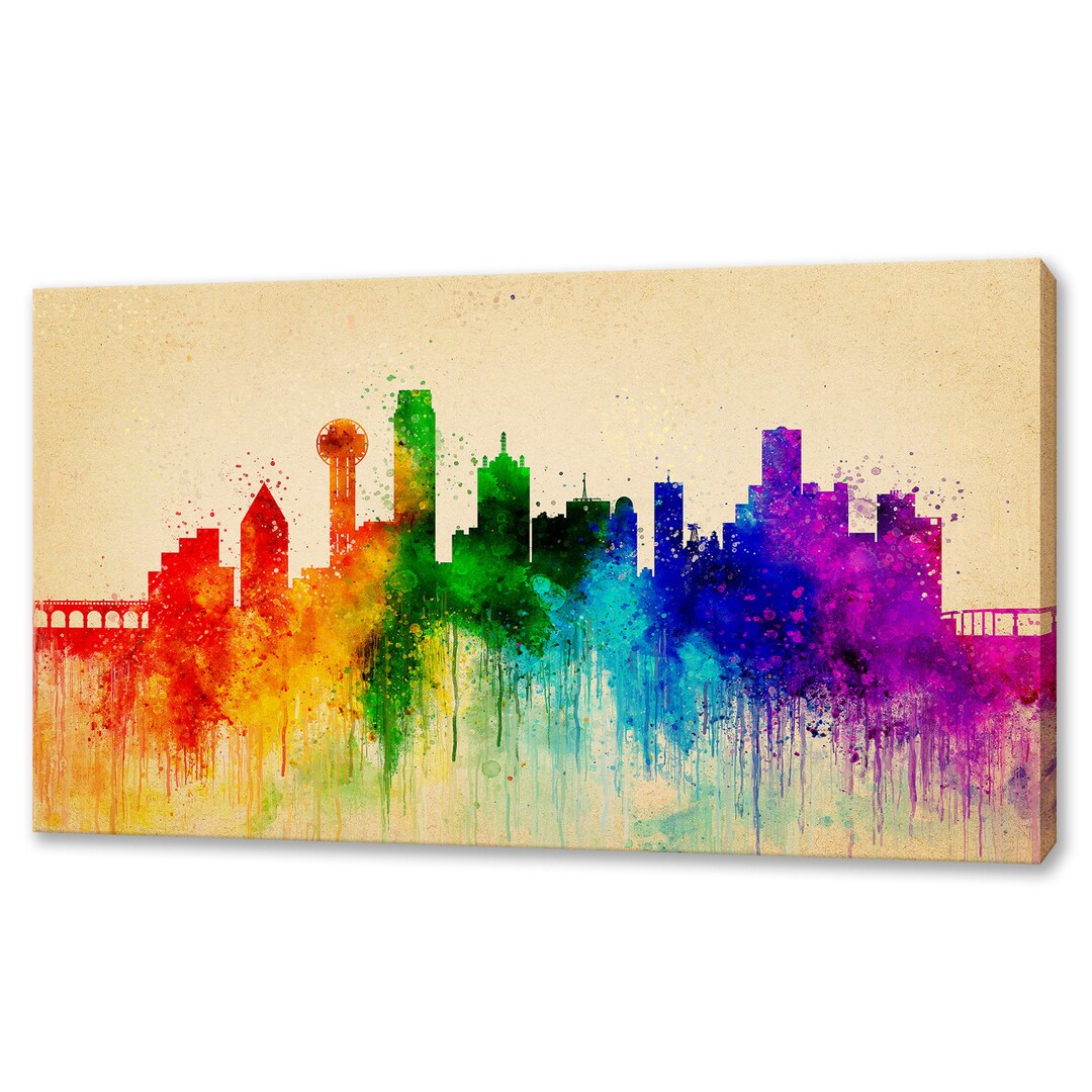 Dallas Colourful Rainbow Skyline Landmarks Watercolour Painting Style ...
