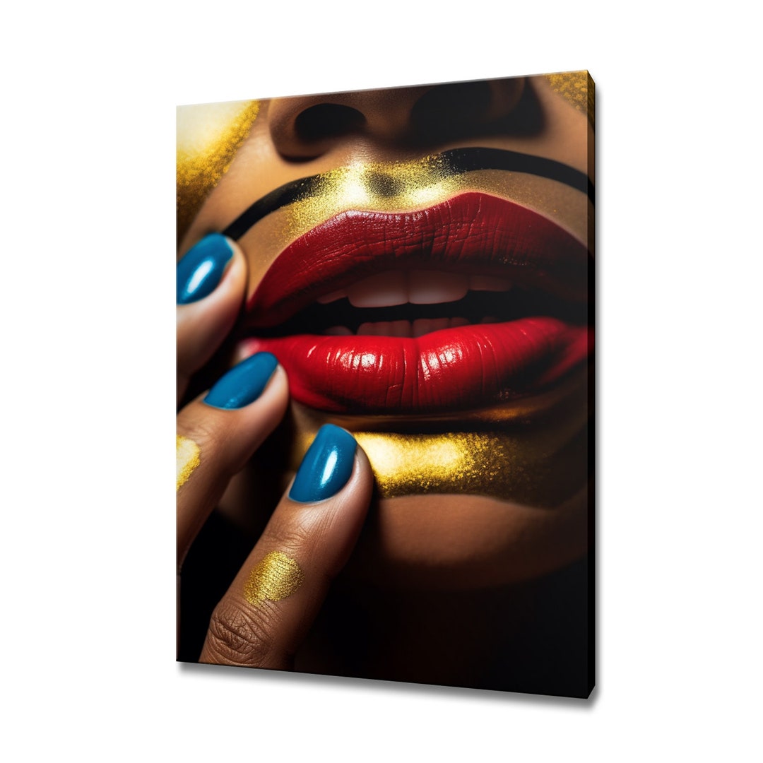 Red Lips Luxury Model Woman Face Gold Make up Canvas Print, Modern ...