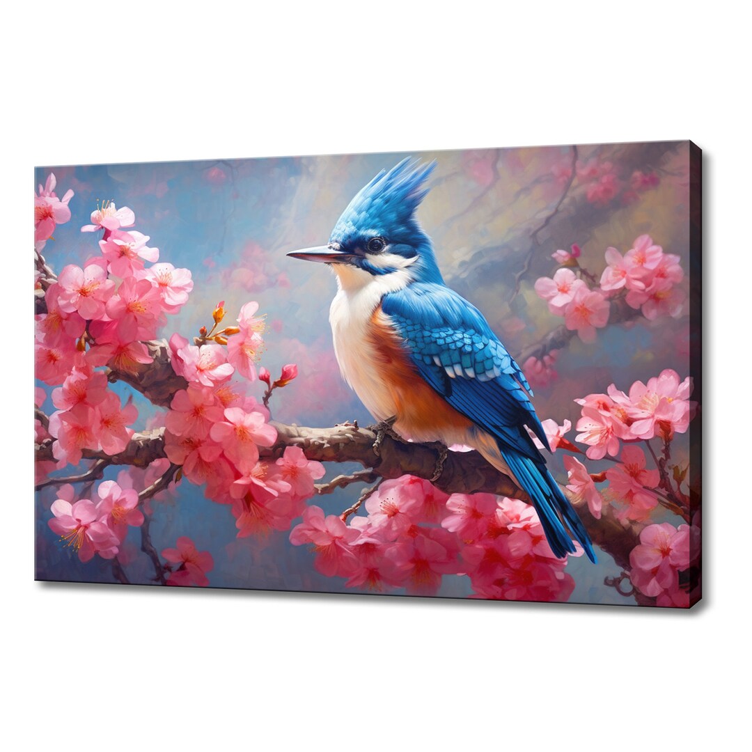 Beautiful Blue Cardinal Bird Sitting on Pink Blossoming Tree Painting ...