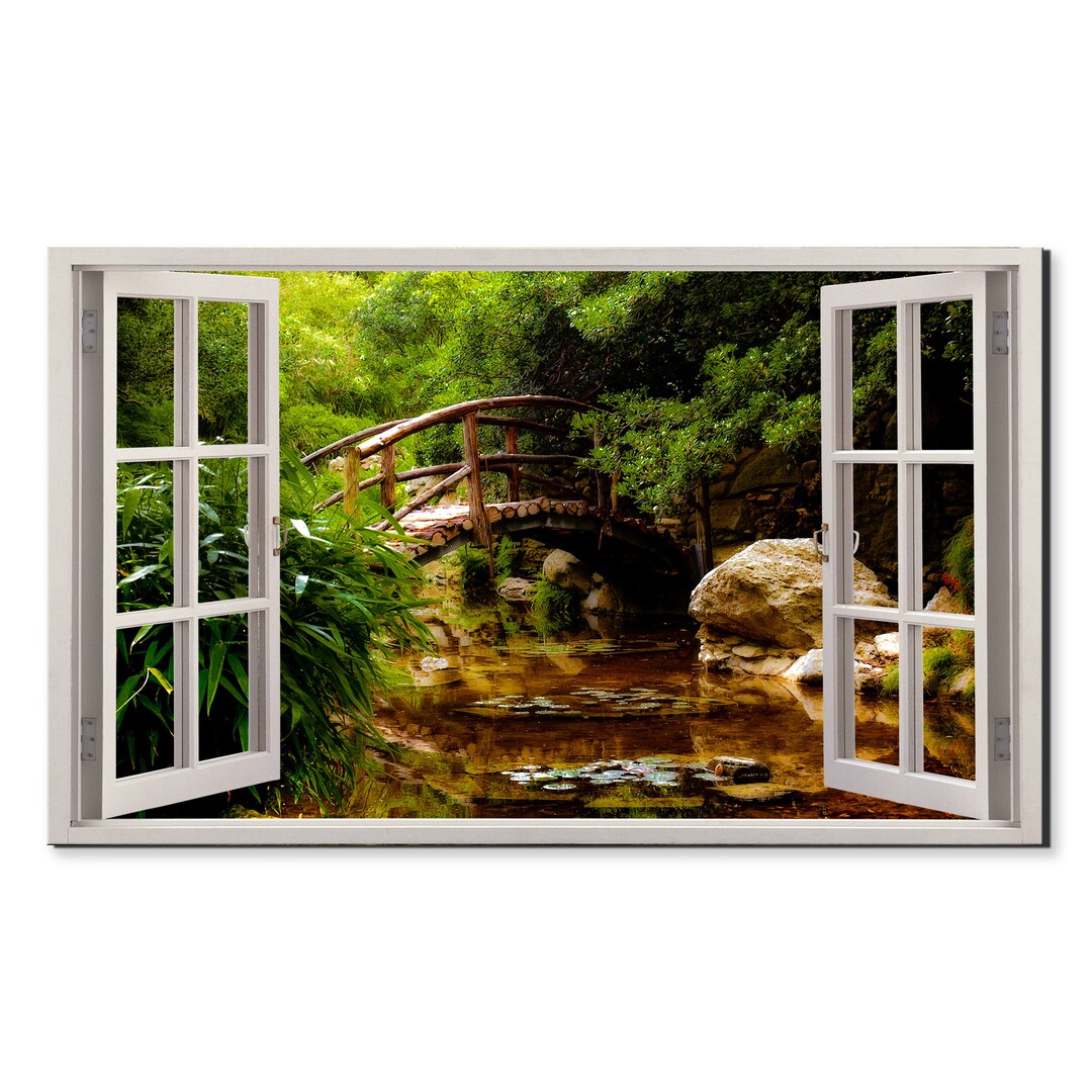 Bridge Over Water in Japanese Garden Window View, Window Frame Style ...