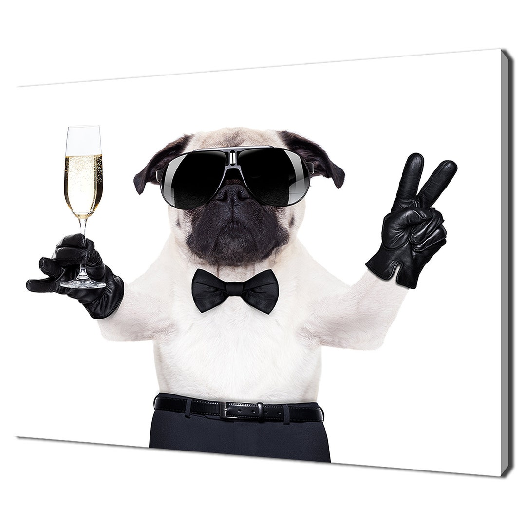 Pug With A Champagne Glass and Victory or Peace Sign Modern Design Home ...