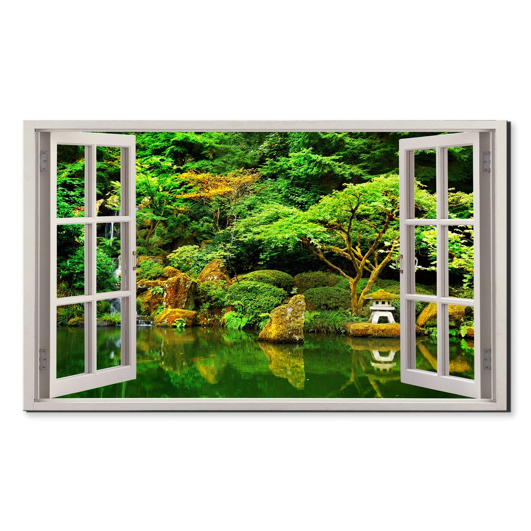 Zen Green Japanese Garden Window View, Window Frame Style Modern Design ...
