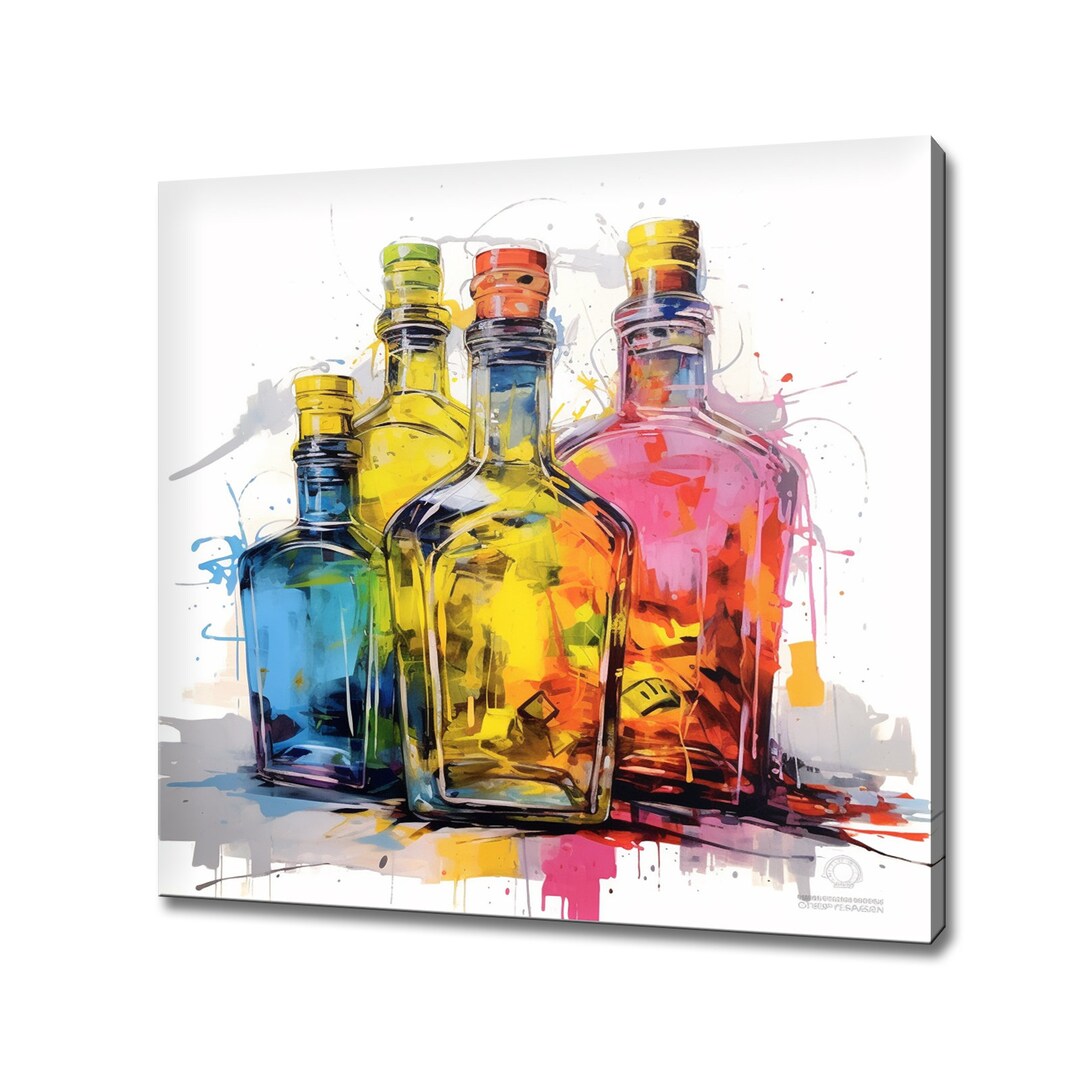 Colourful Alcoholic Drink Bottles Watercolour Canvas Print, Kitchen ...