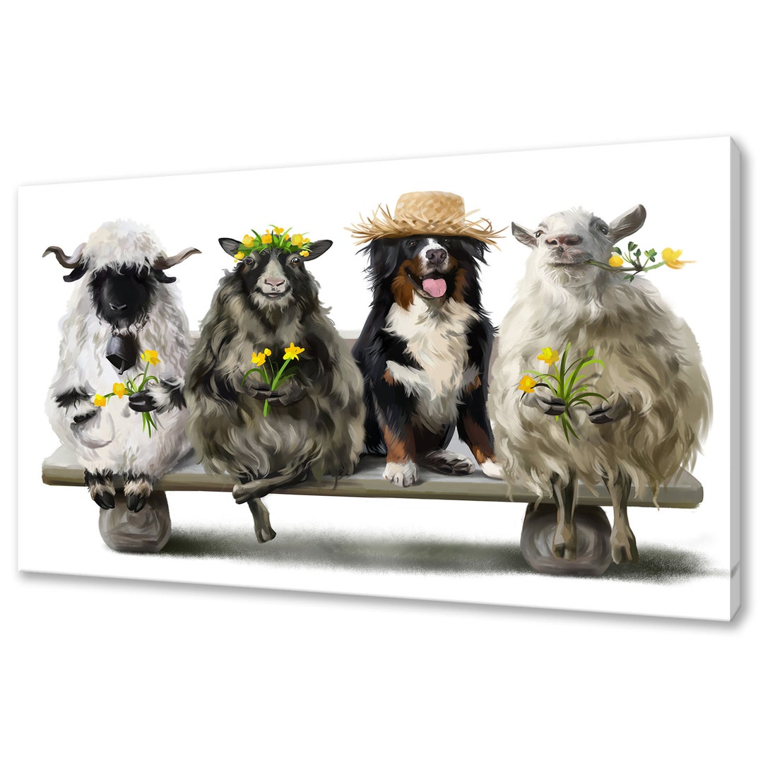 Cute Shepherd Dog and His Three Sheep Modern Design Home Decor Canvas ...