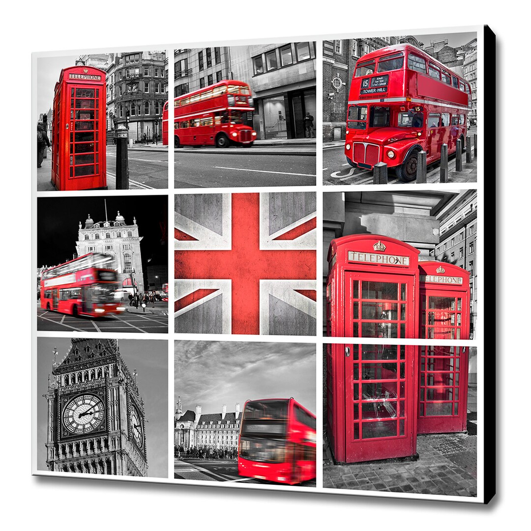 Red Grey London Photos Collage, Famous Symbols of London Modern Design ...