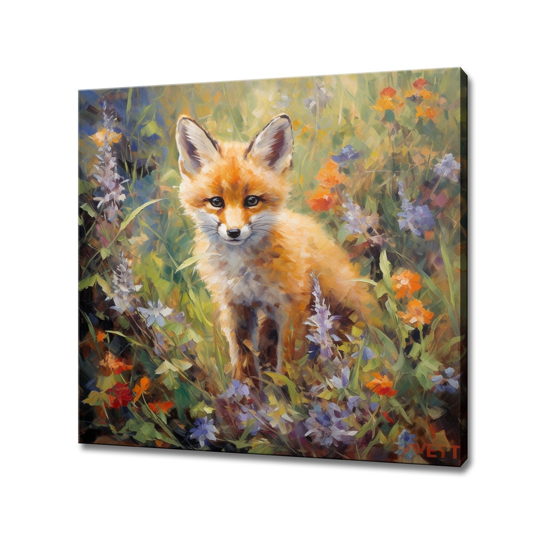 Cute Baby Fox in the Flowers Field Canvas Print, Gift for Fox Lover ...