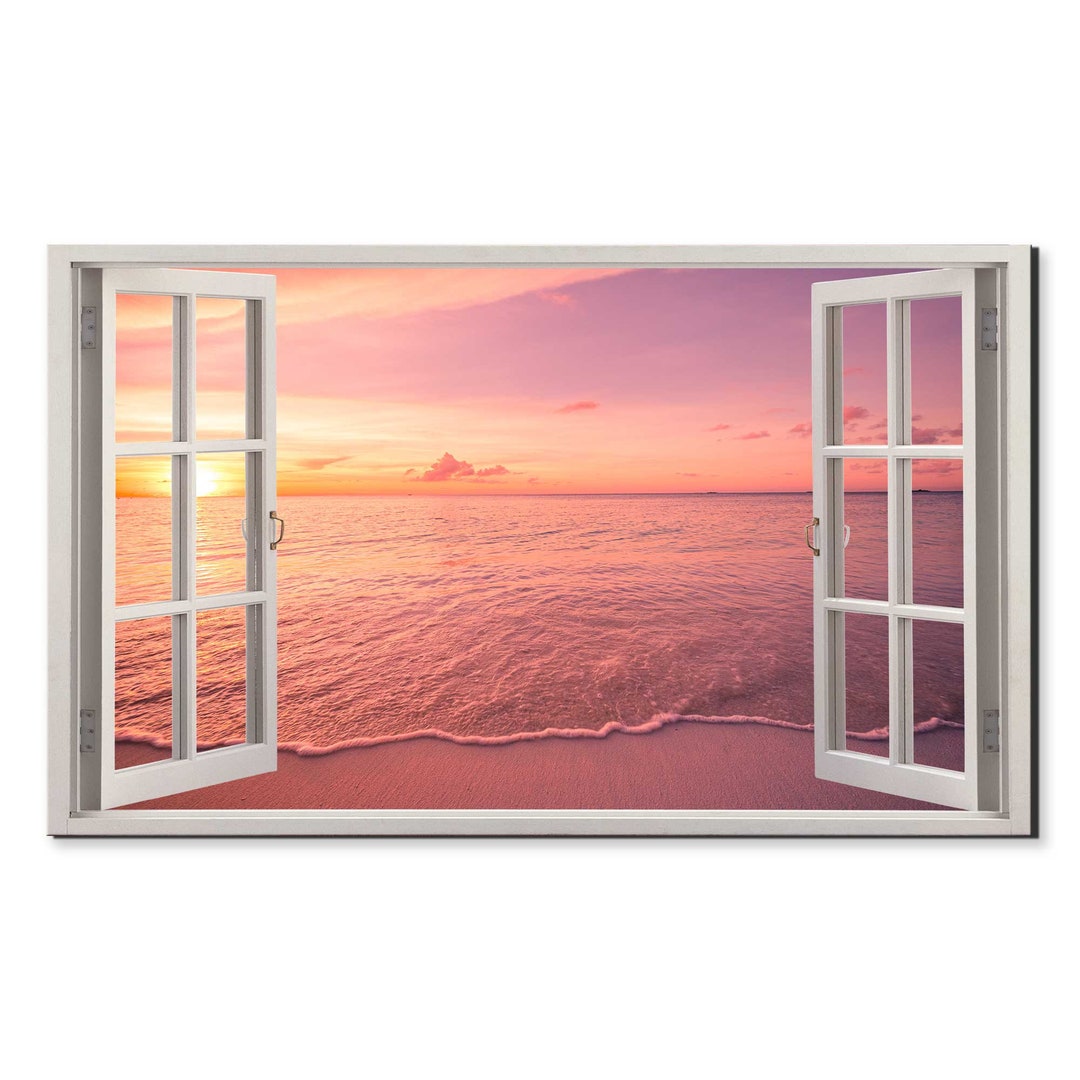 Calm Pink Sunset Over the Sea Window View, Window Frame Style Modern ...