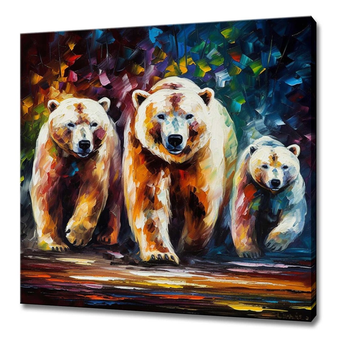Beautiful Colourful Polar Bear With Her Cubs Painting Animal Canvas ...