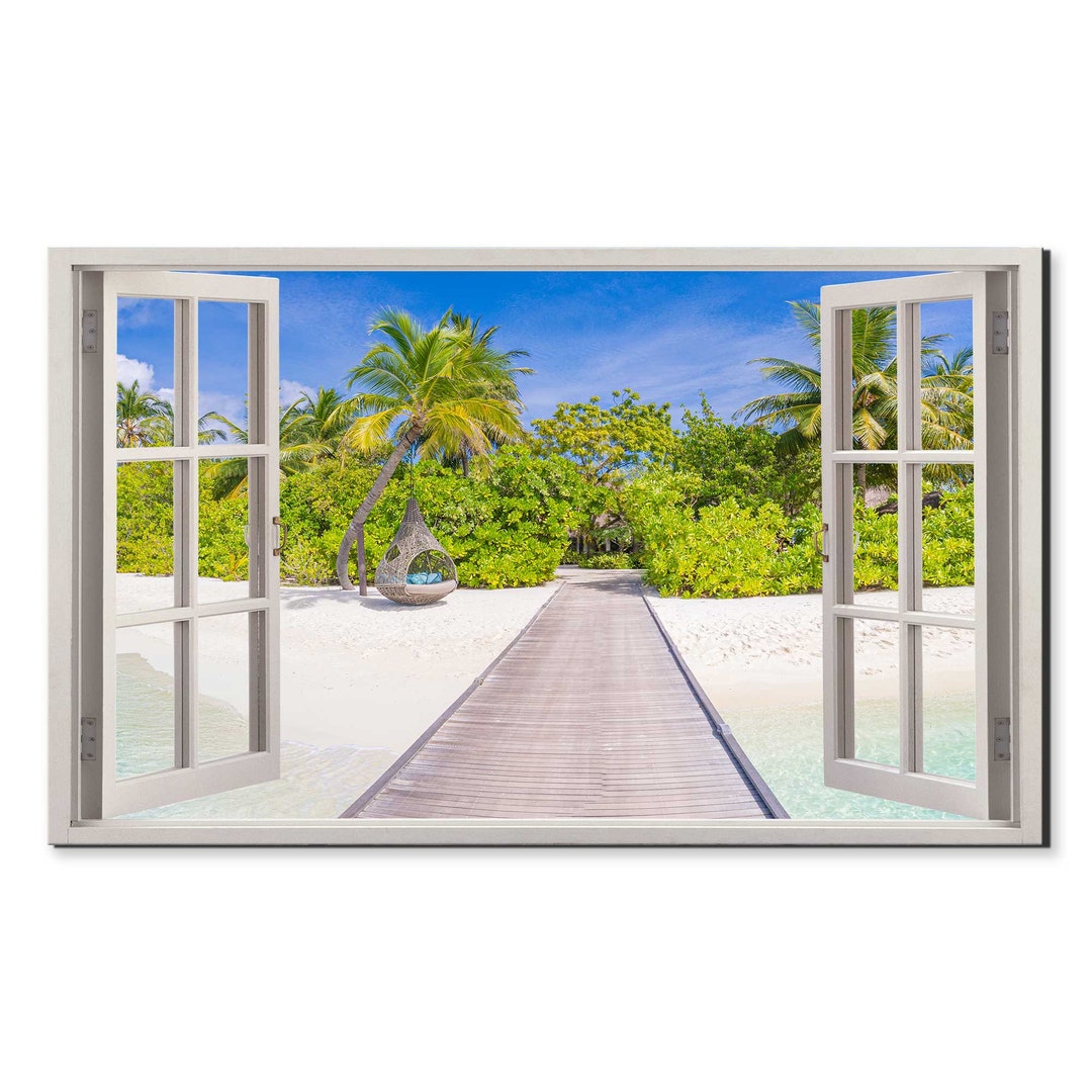 Tropical Paradise Island Palms Wooden Jetty Window View, Window Frame Style Modern Design Home ...