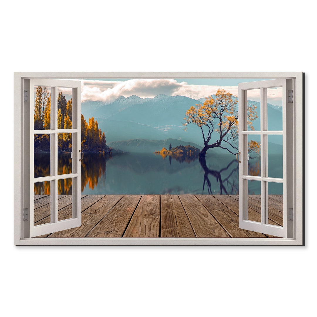 Yellow Tree on the Lake Wanaka Window View, Window Frame Style Modern ...