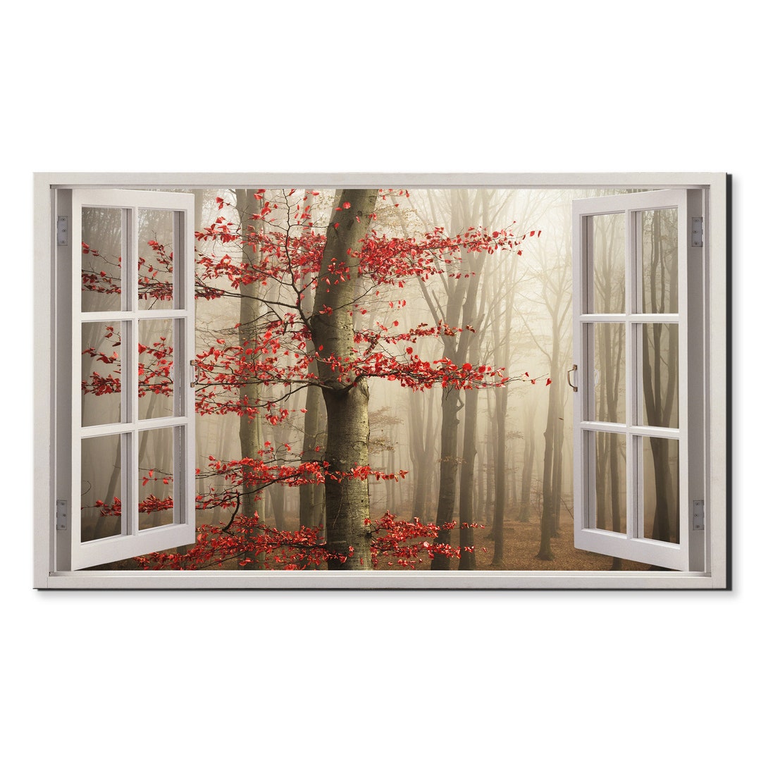 Red Tree in the Foggy Forest Window View, Window Frame Style Modern ...