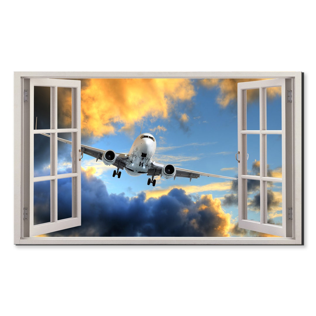 Flying Aeroplane at Sunset Window View, Window Frame Style Modern ...