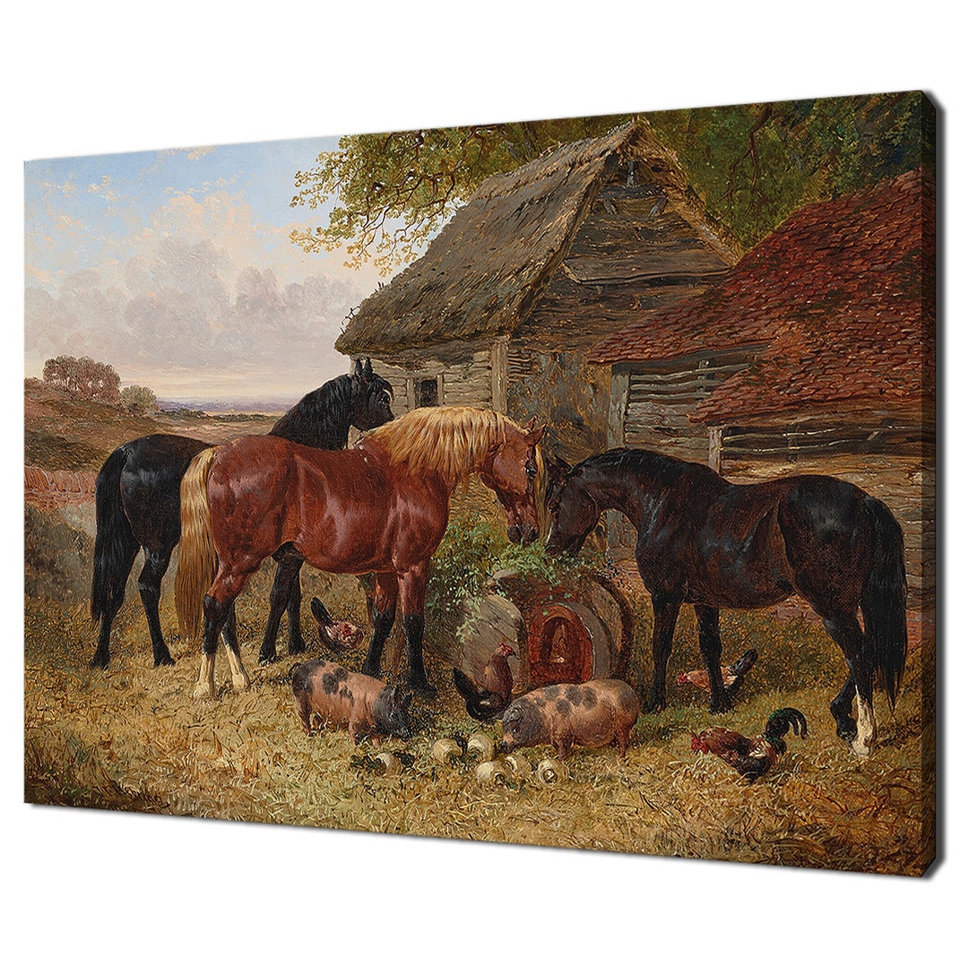 Horses and Pigs in A Farmyard, Victorian Oil Painting Print, Horse ...