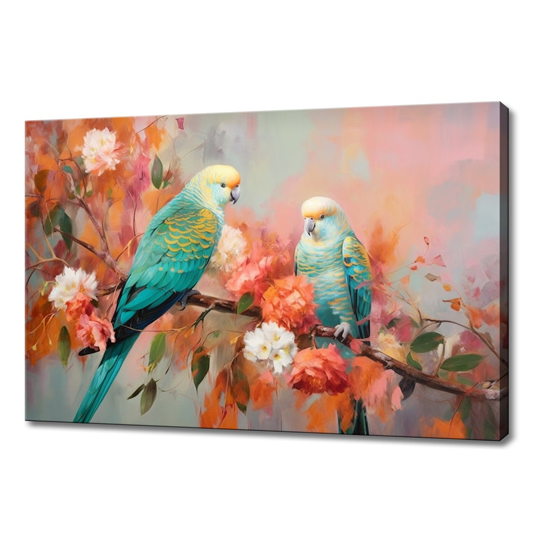 Two Mint Parrots Lovebirds Sitting on Blossoming Tree Painting Canvas ...