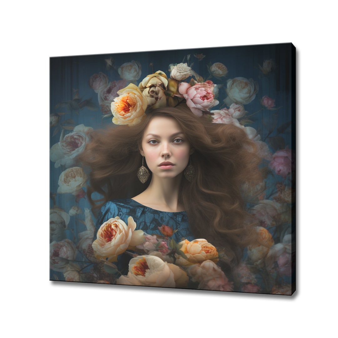 Bunte Blumen Frauenkopf Leinwanddruck, Rokoko Blumen Wandkunst, Shabby ...