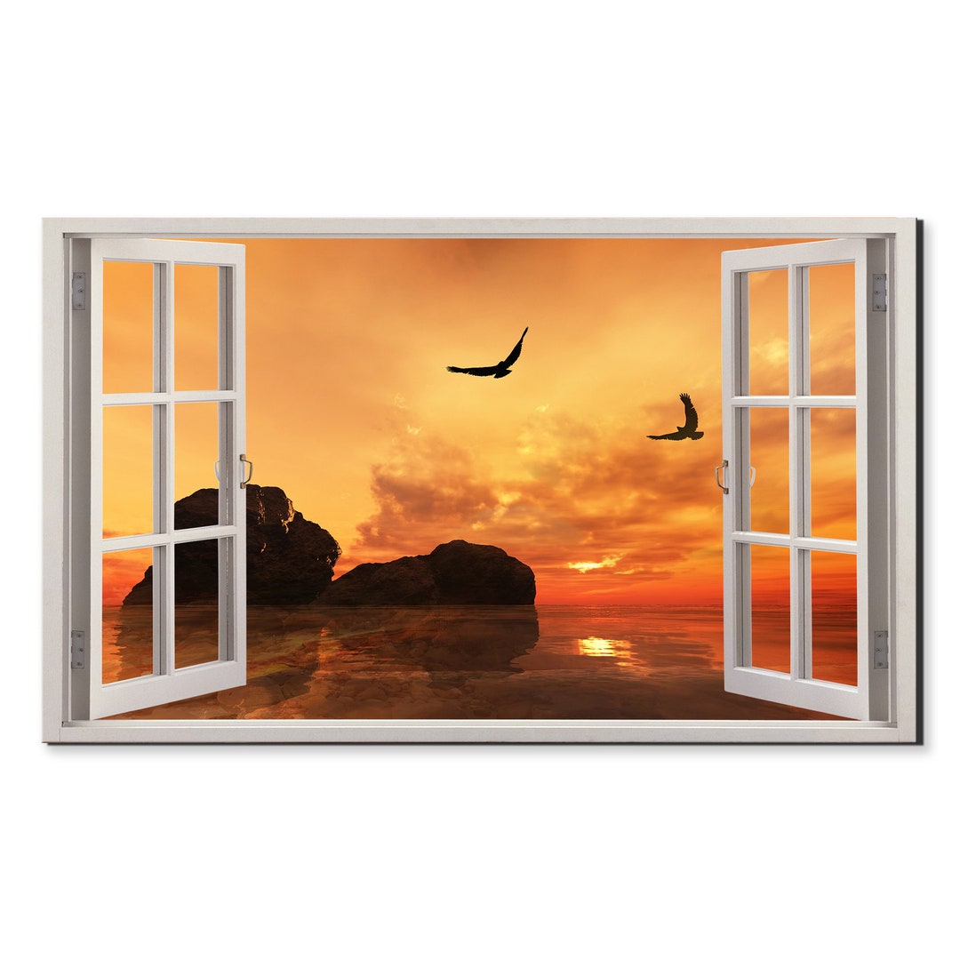 Eagles Flying Over Rocks at Sunset Window View, Window Frame Style ...