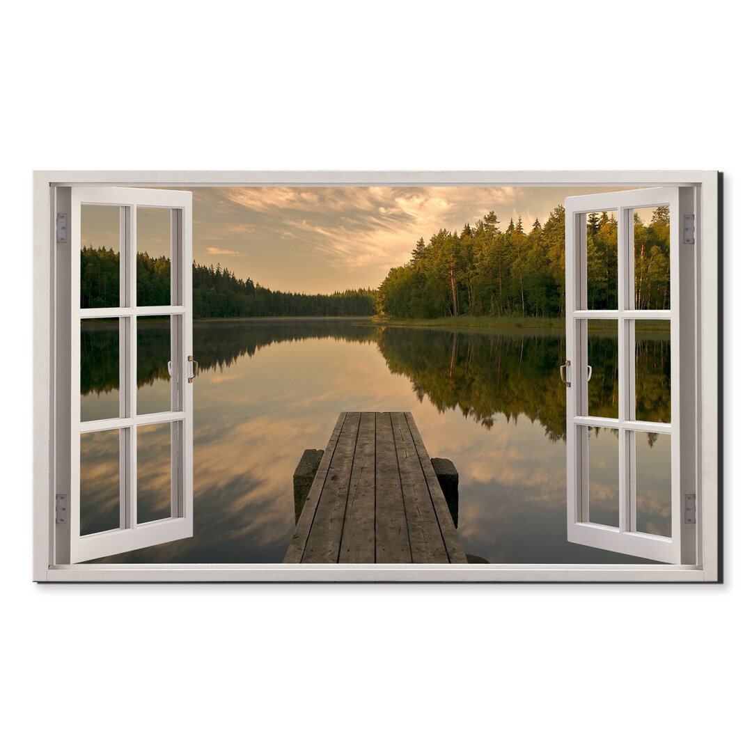 Sunset Over Wooden Dock Lake Window View, Window Frame Style Modern ...