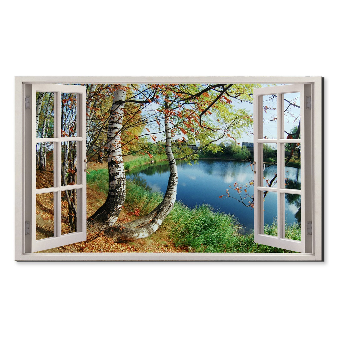 Birch Trees Over the Lake Window View, Window Frame Style Modern Design ...