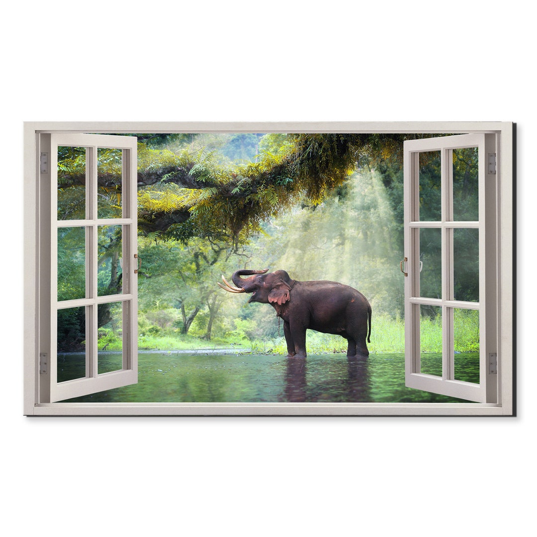 Elephant in the Rainforest Window View, Window Frame Style Modern ...