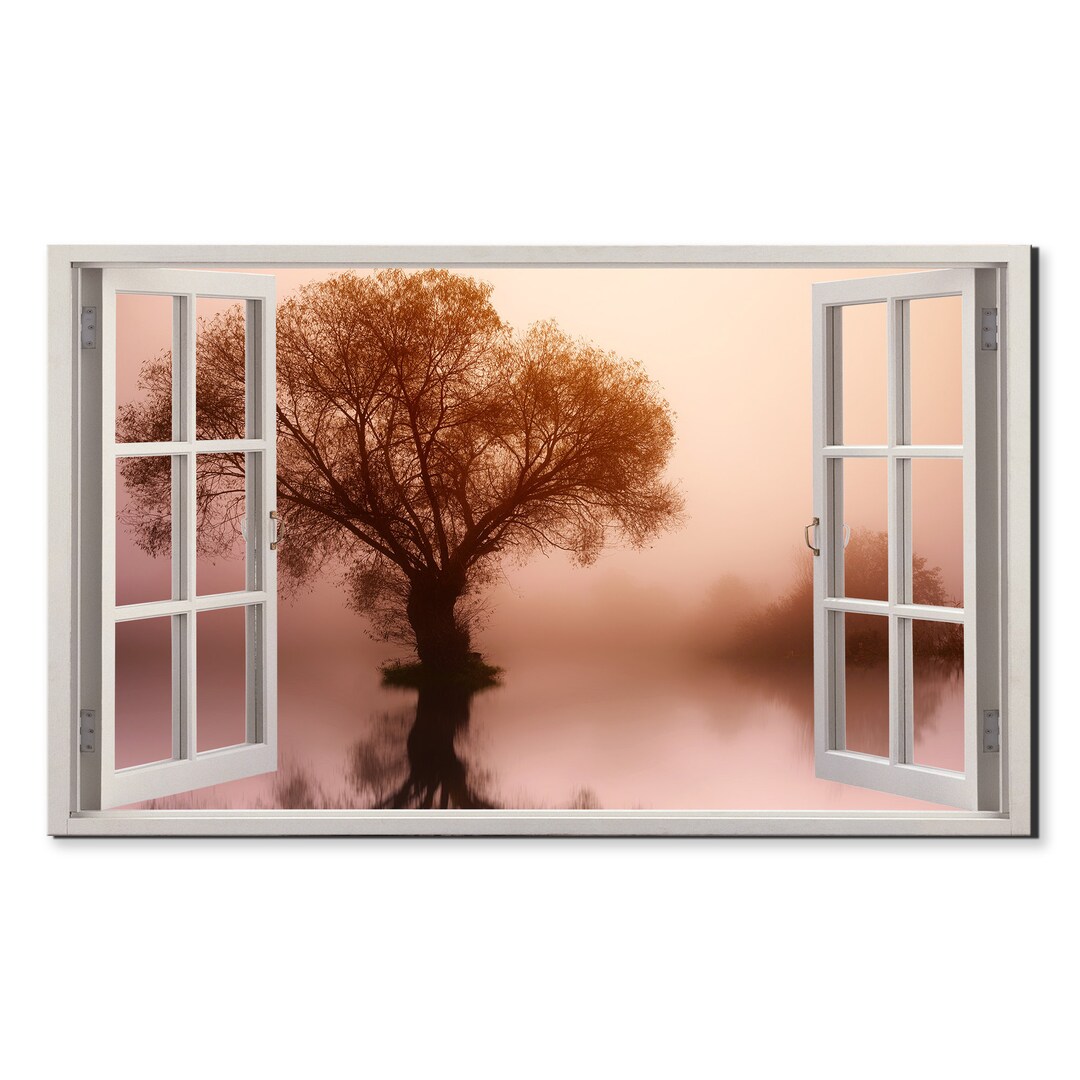Tree on the Foggy Lake Window View, Window Frame Style Modern Design ...