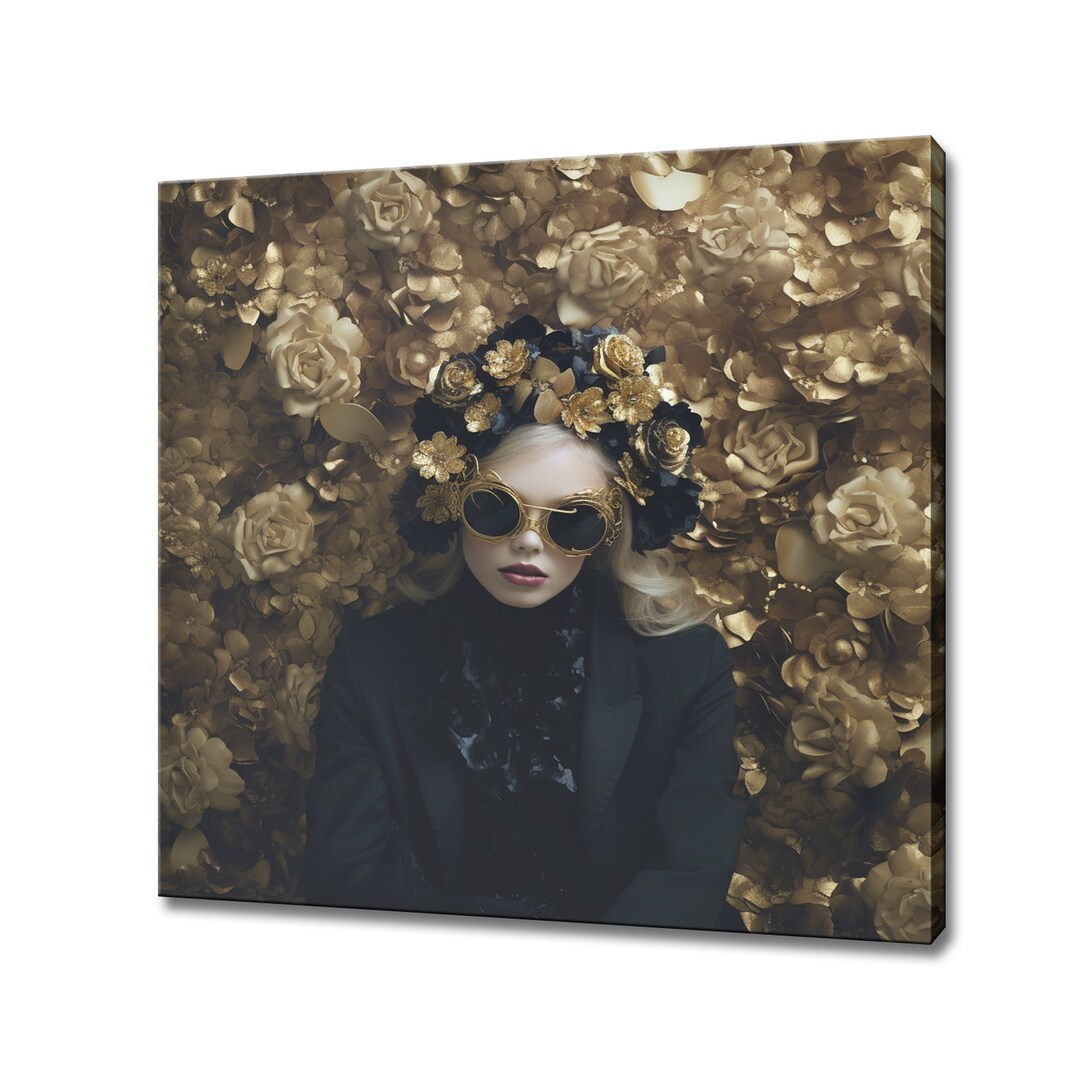 Gold Black Flowers Woman Head Canvas Print, Rococo Flowers Wall Art ...