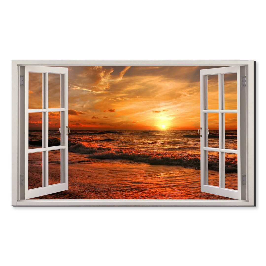 Orange Sunset Sea Beach Seascape Window View, Window Frame Style Modern ...