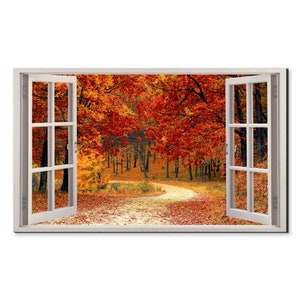 Red Autumn Trees in the Forest Window View, Window Frame Style Modern ...