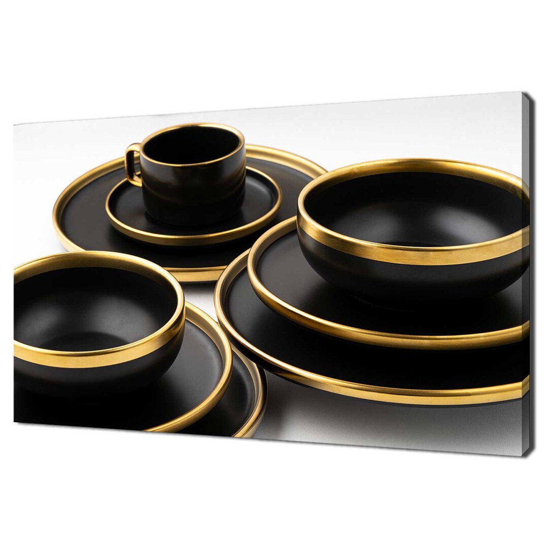 Black Gold Ceramic Cups Plates Kitchen Modern Design Home Decor Canvas ...