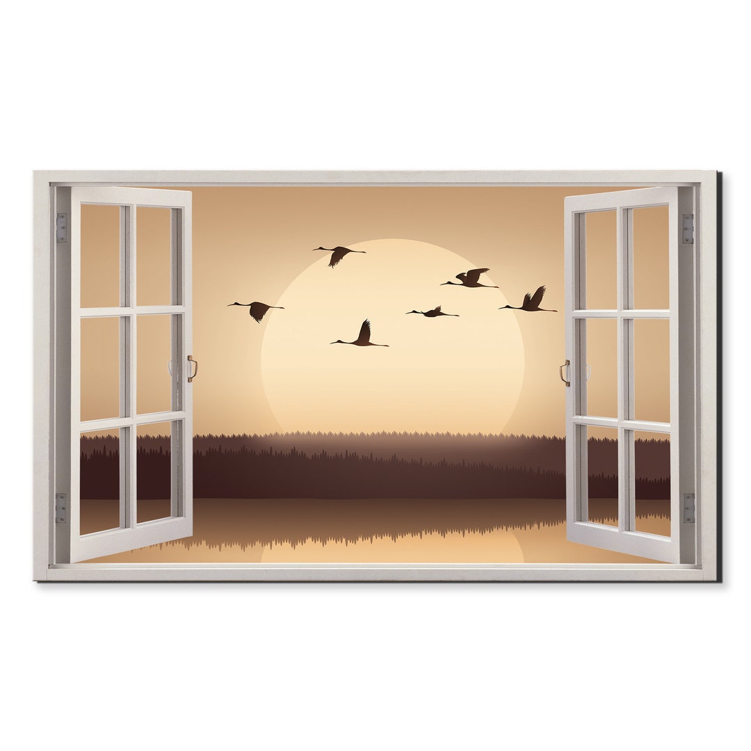 Crane Birds Flying at Sunset Window View, Window Frame Style Modern ...