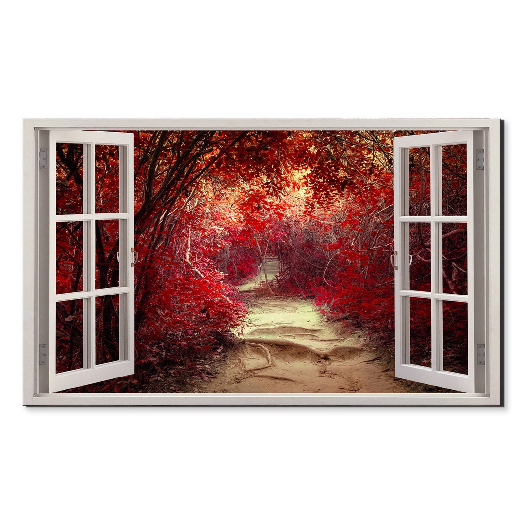 Path in the Red Jungle Forest Window View, Window Frame Style Modern ...
