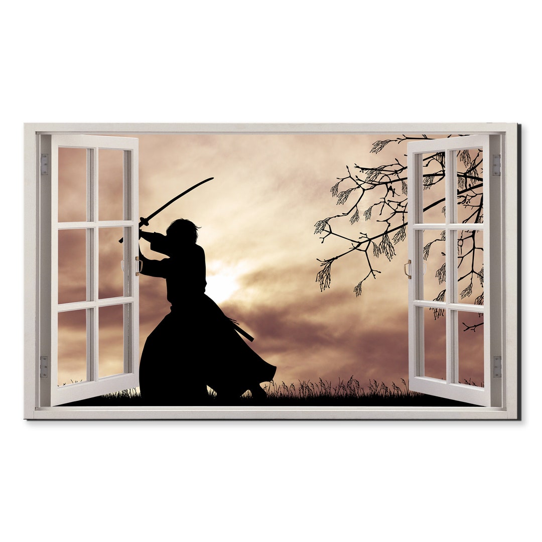 Samurai Warrior With Sword at Sunset Window View, Window Frame Style ...