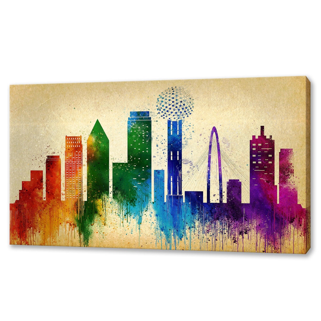 Dallas Colourful Skyline Landmarks Watercolour Painting Style Modern ...