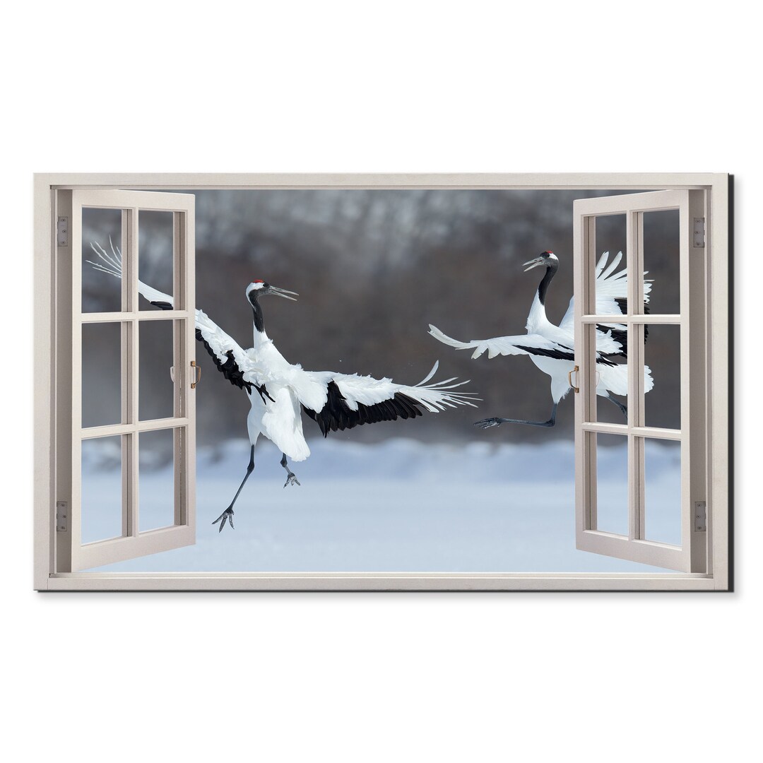 Two Fighting Crane Birds Window View, Window Frame Style Modern Design ...