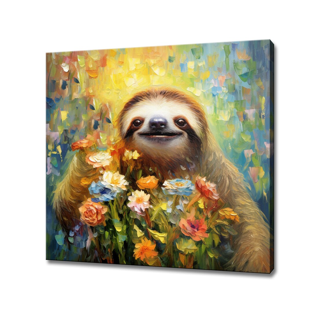 Cute Sloth With Flowers Canvas Print, Gift for Sloth Lover, Colourful ...