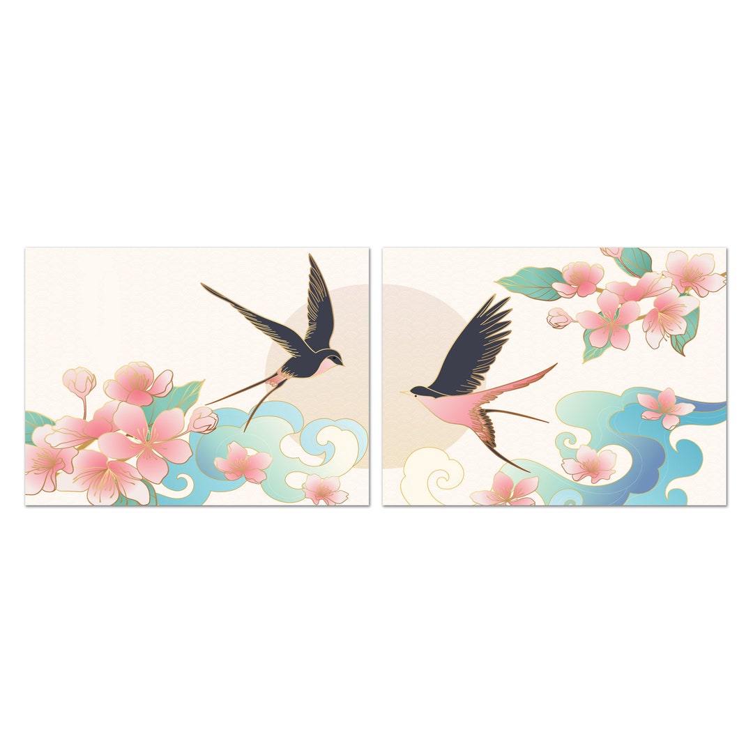 Japanese Swallow Birds and Cherry Blossoms Flowers Oriental 2 Panels ...