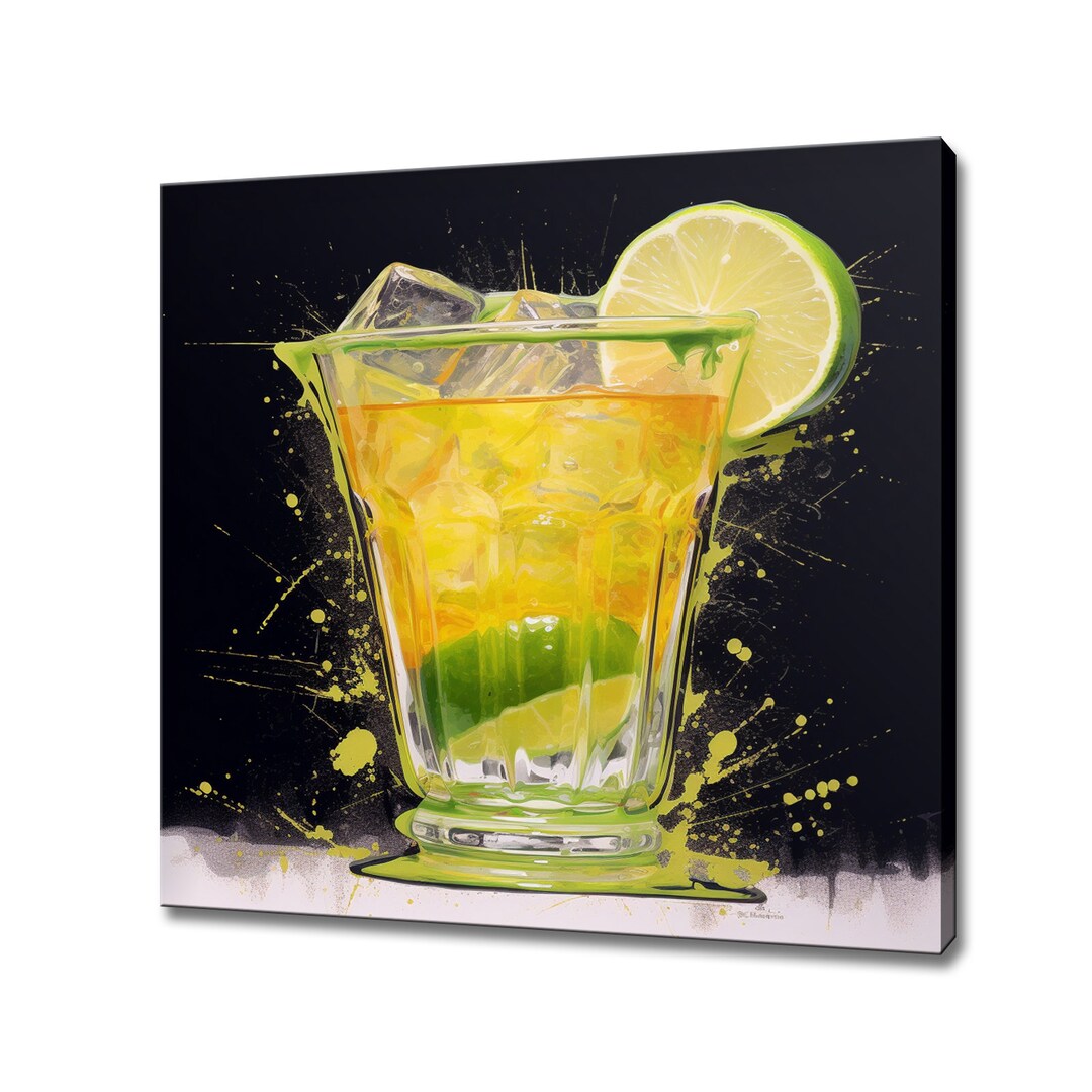 Alcoholic Cocktail Drink Glass With Lime Slices Watercolour Canvas ...