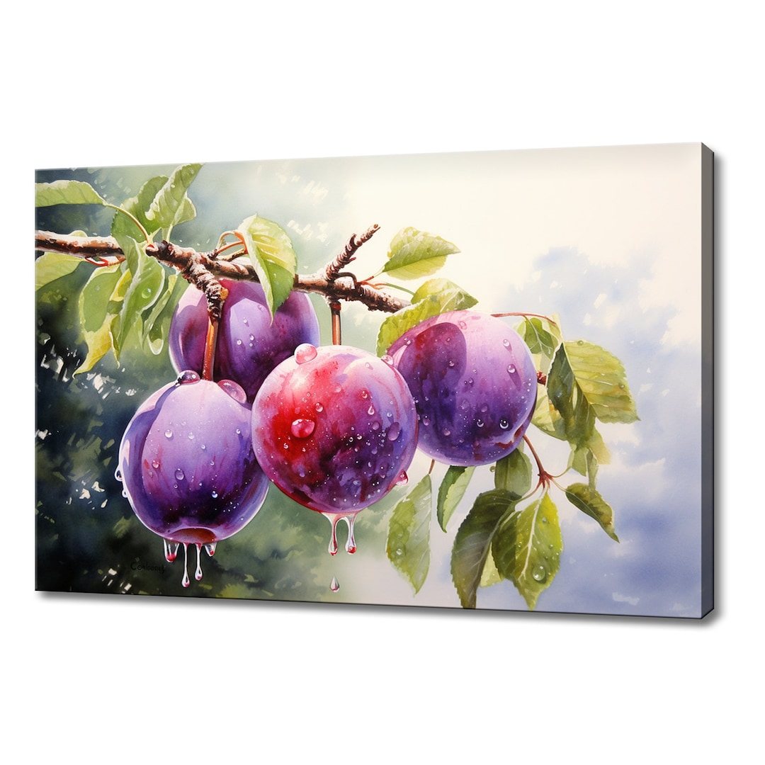 Lila Pflaumen Früchte Aquarell Leinwand Druck, Bunte Küchen Wand Kunst ...