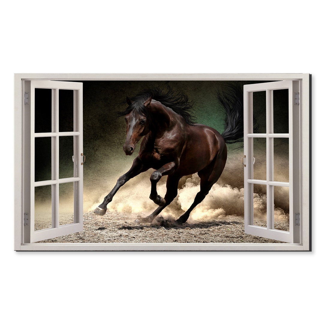 Brown Horse Galloping in Desert Window View, Window Frame Style Modern ...