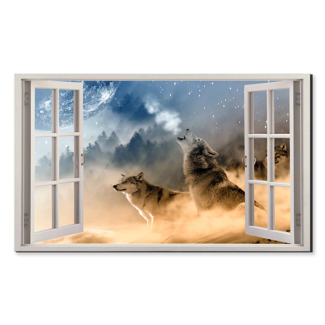 Wolves at Moonlight Window View, Window Frame Style Modern Design Home ...