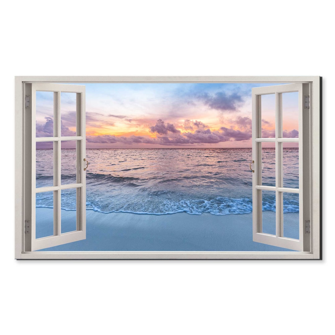 Calm Soft Sunset Over the Beach Window View, Window Frame Style Modern ...