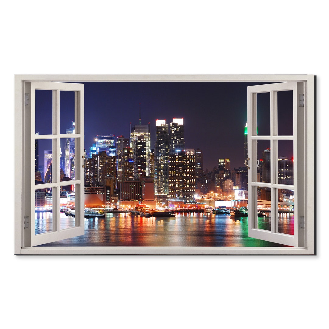 Colourful New York City at Night Window View, Window Frame Style Modern ...
