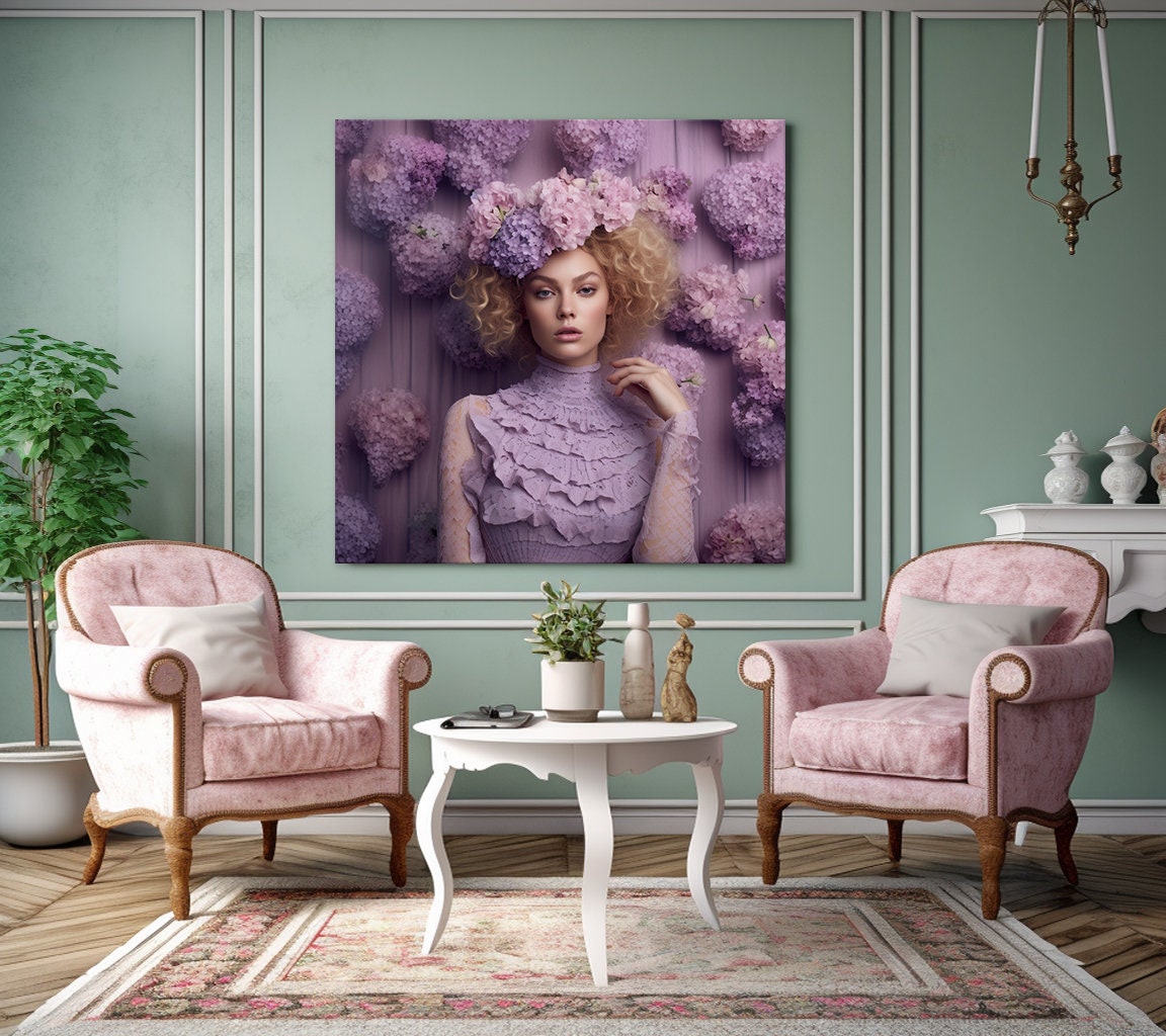 Purple Lilac Flowers Woman Head Canvas Print, Rococo Flowers Wall Art ...