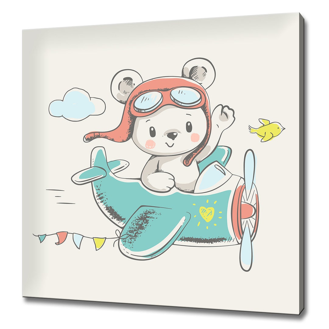 Cute Bear Pilot Flying Aeroplane Kids Room Modern Design Canvas Print ...