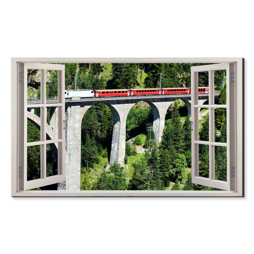 Swiss Train on the Bridge Window View, Window Frame Style Modern Design ...