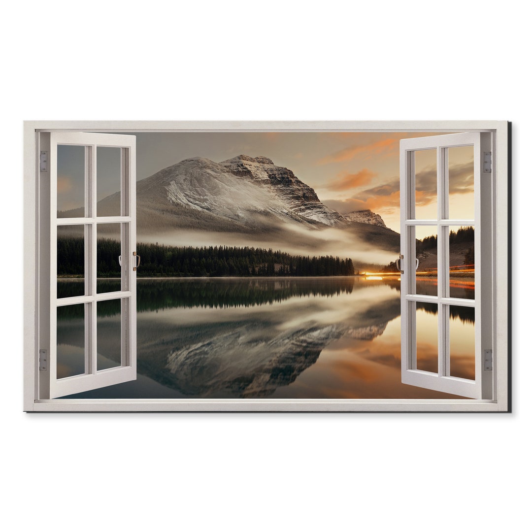 Moraine Lake at Night Window View, Window Frame Style Modern Design ...
