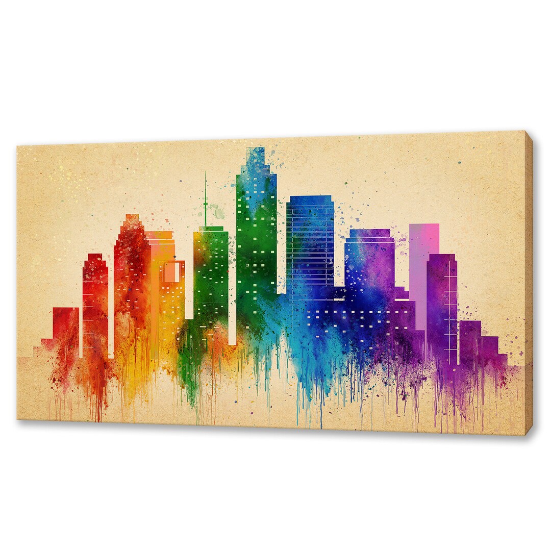 Houston Texas Colourful Skyline Landmarks Watercolour Painting Style ...