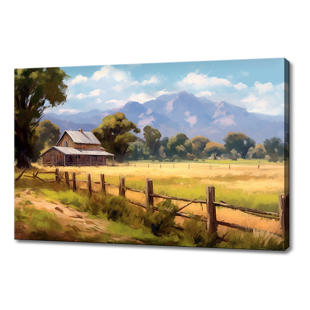 Vintage Countryside Farm House Painting Style Canvas Print, Farmhouse ...